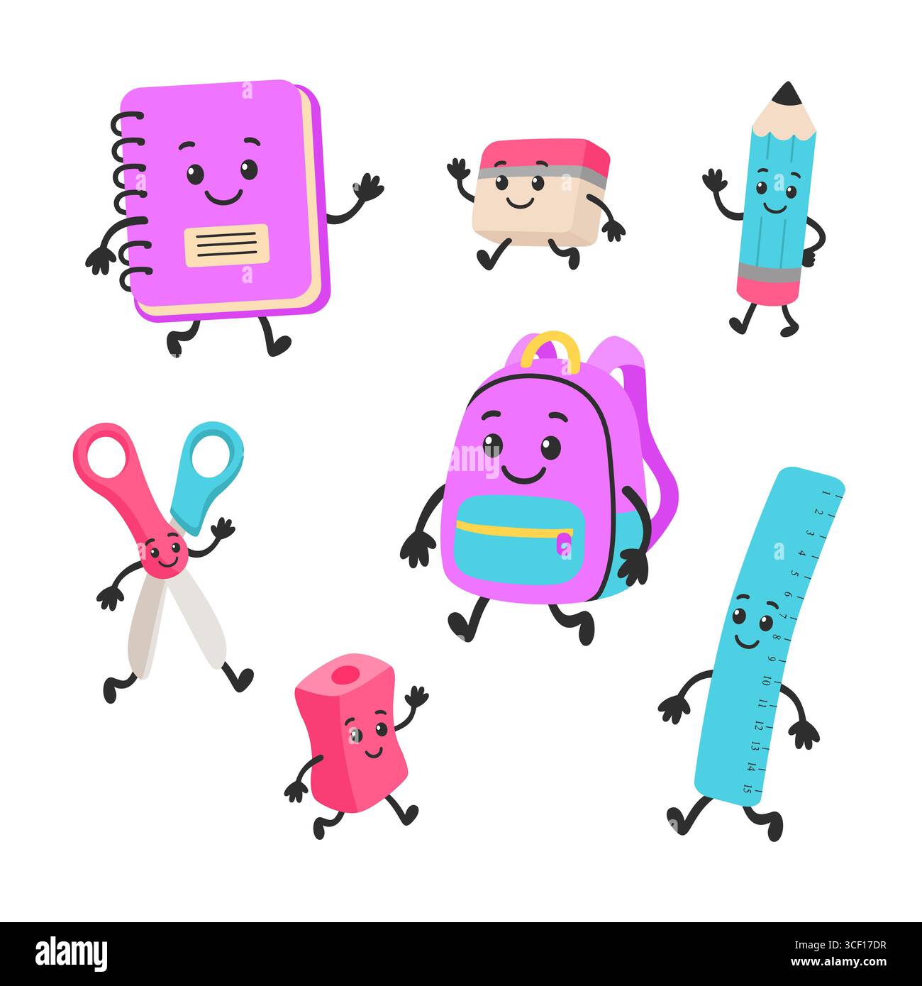 Cute cartoon school supplies characters set for girls, flat vector ...