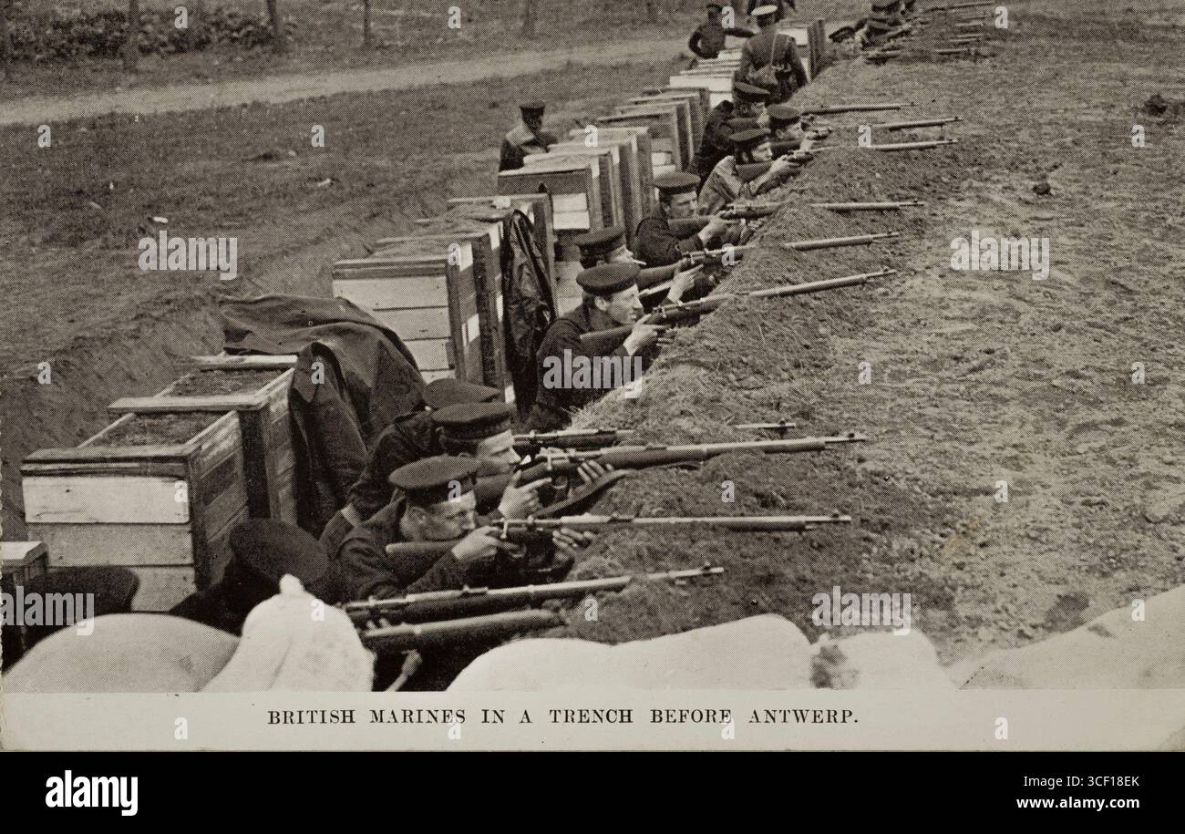 This World War I propaganda postcard shows British marines in a trench ...