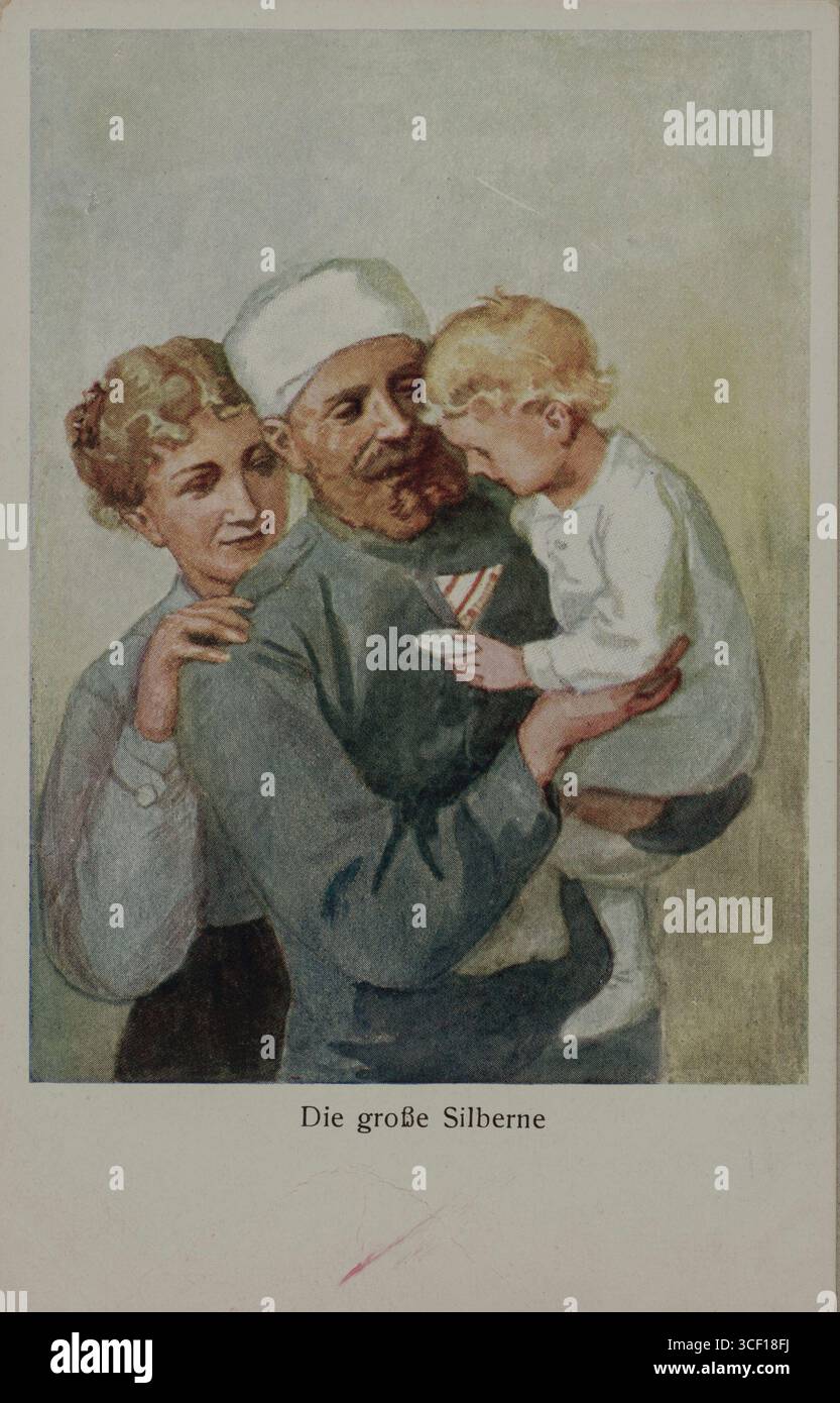 This propaganda postcard shows an injured soldier with his family ...