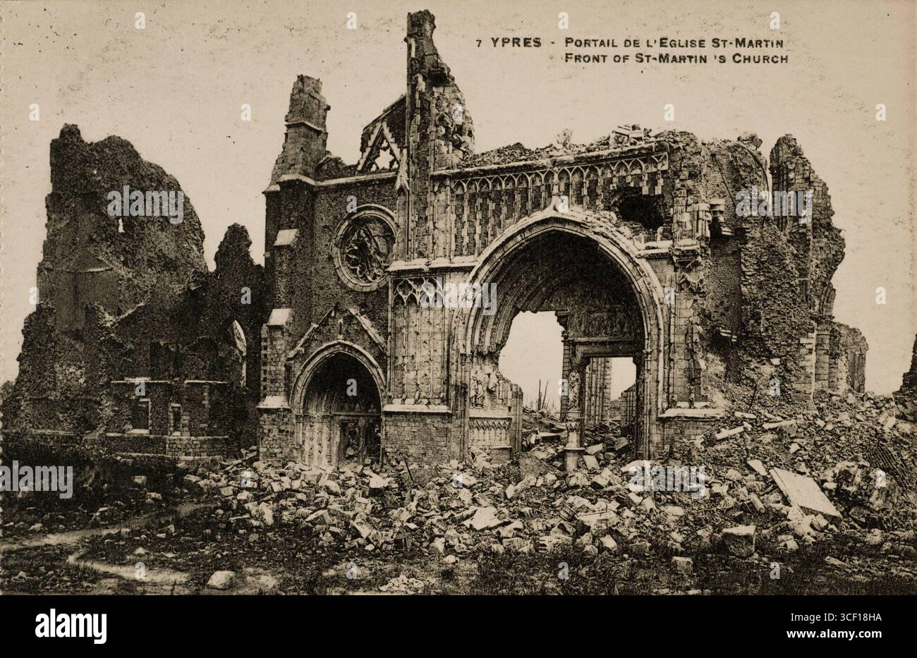 A World War I propaganda postcard showing the ruins of Ypres and St ...