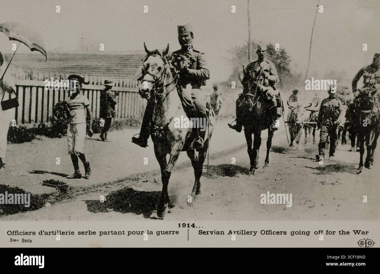A 1914 propaganda postcard shows Serbian artillery officers leaving for ...