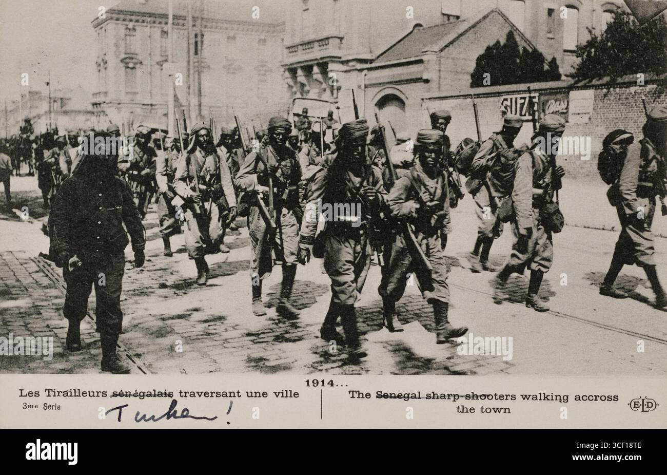 A postcard from World War I showing a Senegalese infantry regiment of ...