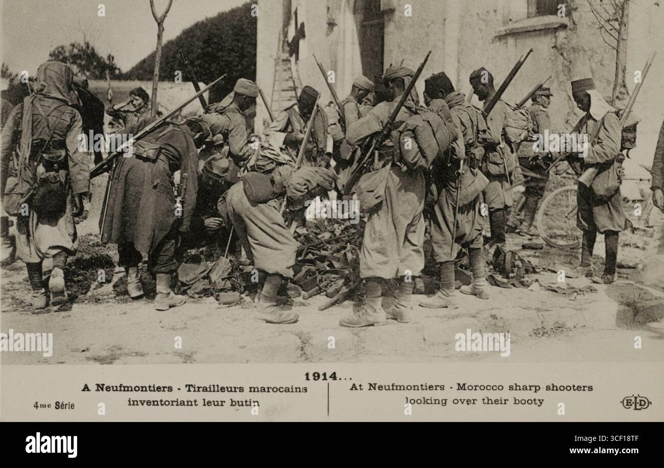 A postcard from World War I depicting French-Moroccan infantrymen ...