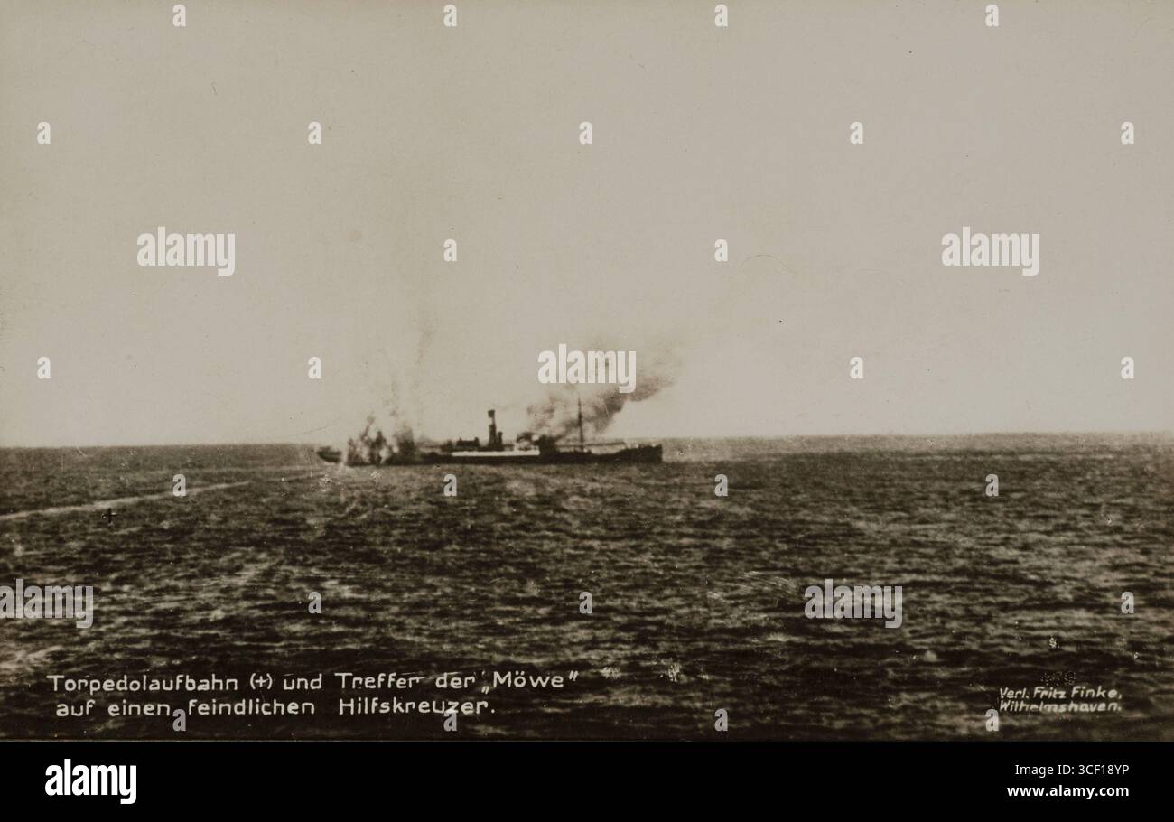 A World War I propaganda postcard showing the torpedo track and hit ...