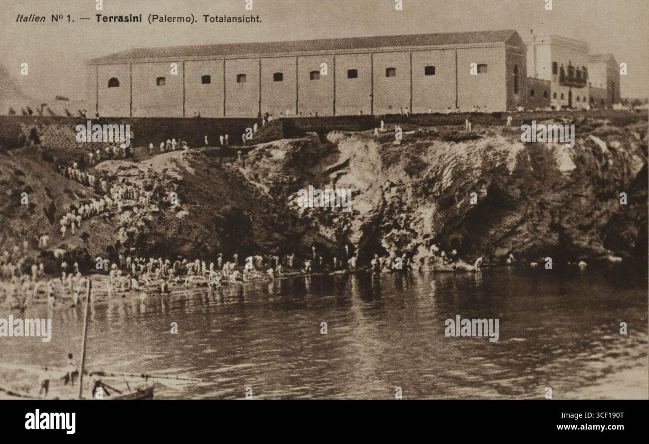 Postcard showing prisoners of war swimming in the sea near the ...