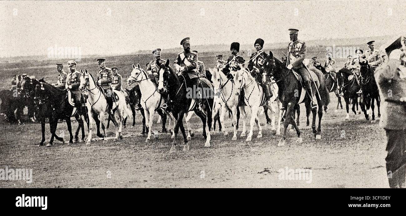 The Czar of Russia and his staff are seen mounted on horseback. On the ...