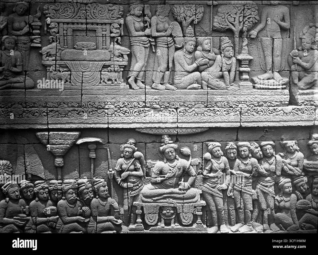 A relief from the Borobudur temple in Java, Indonesia, showing Buddhist ...