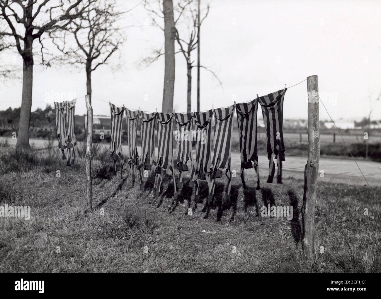 A set of eleven football shirts hanging on a clothesline to dry in the ...