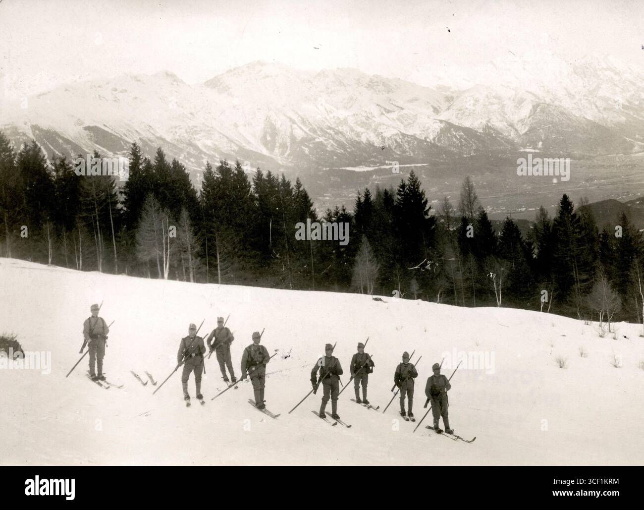 Austrian outposts on skis, camouflaged in white woolen uniforms, hidden ...