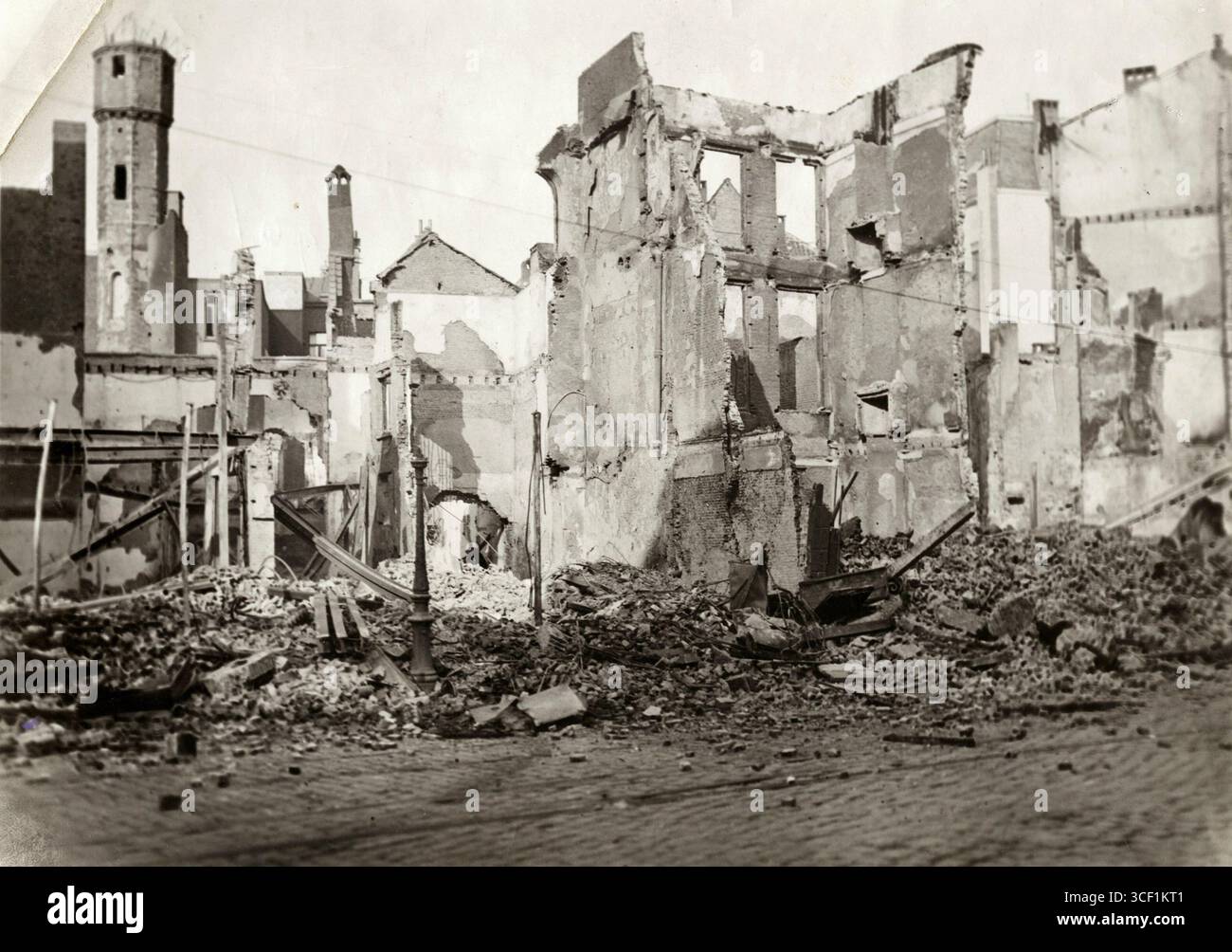 After the bombardment of Antwerp during World War I, ruins and rubble ...