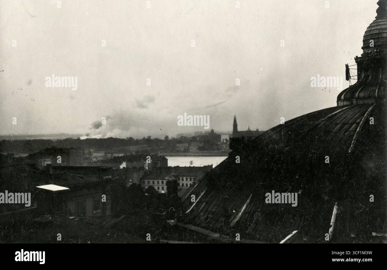 World War I. Eastern Front. View from a church dome of fires in Praga ...