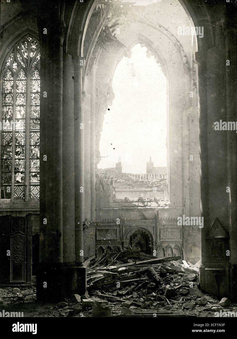 Devastation at the church in Arras, France, during World War I, showing ...