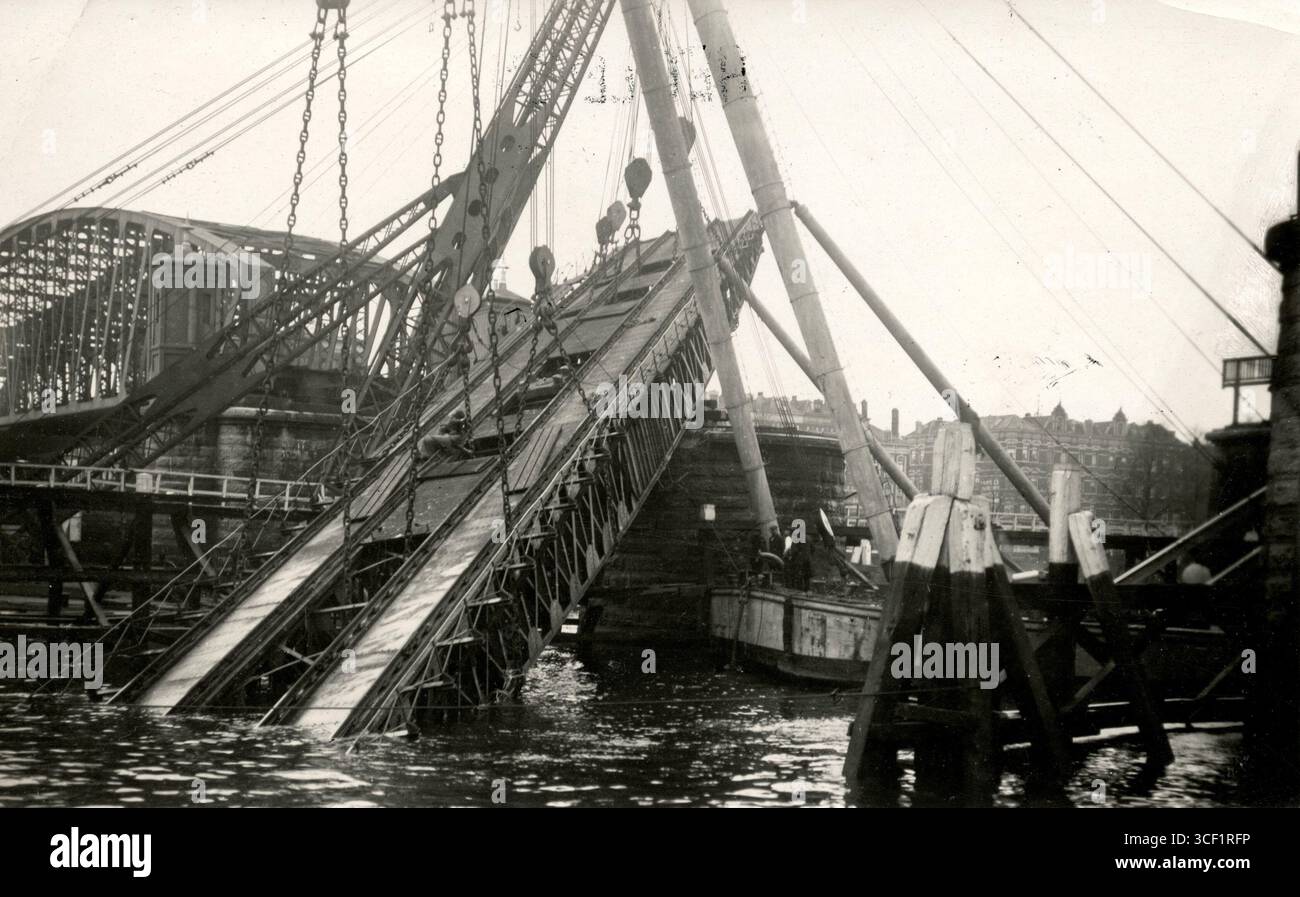 A section of the Koningsbrug in Rotterdam was damaged when a German ship collided with it. The ...
