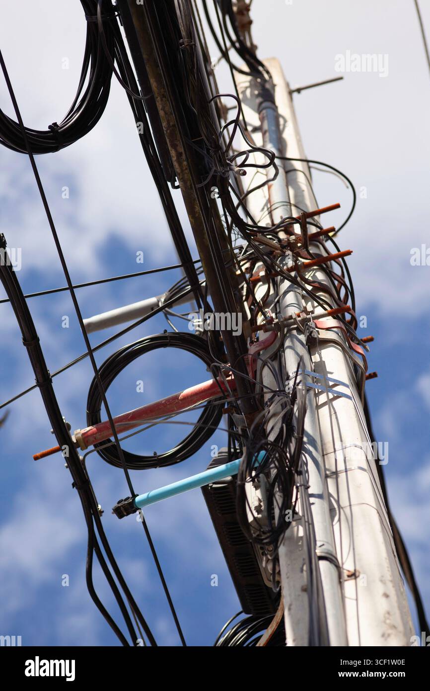 Tangled electrical and communication wires create a chaotic mess on a ...