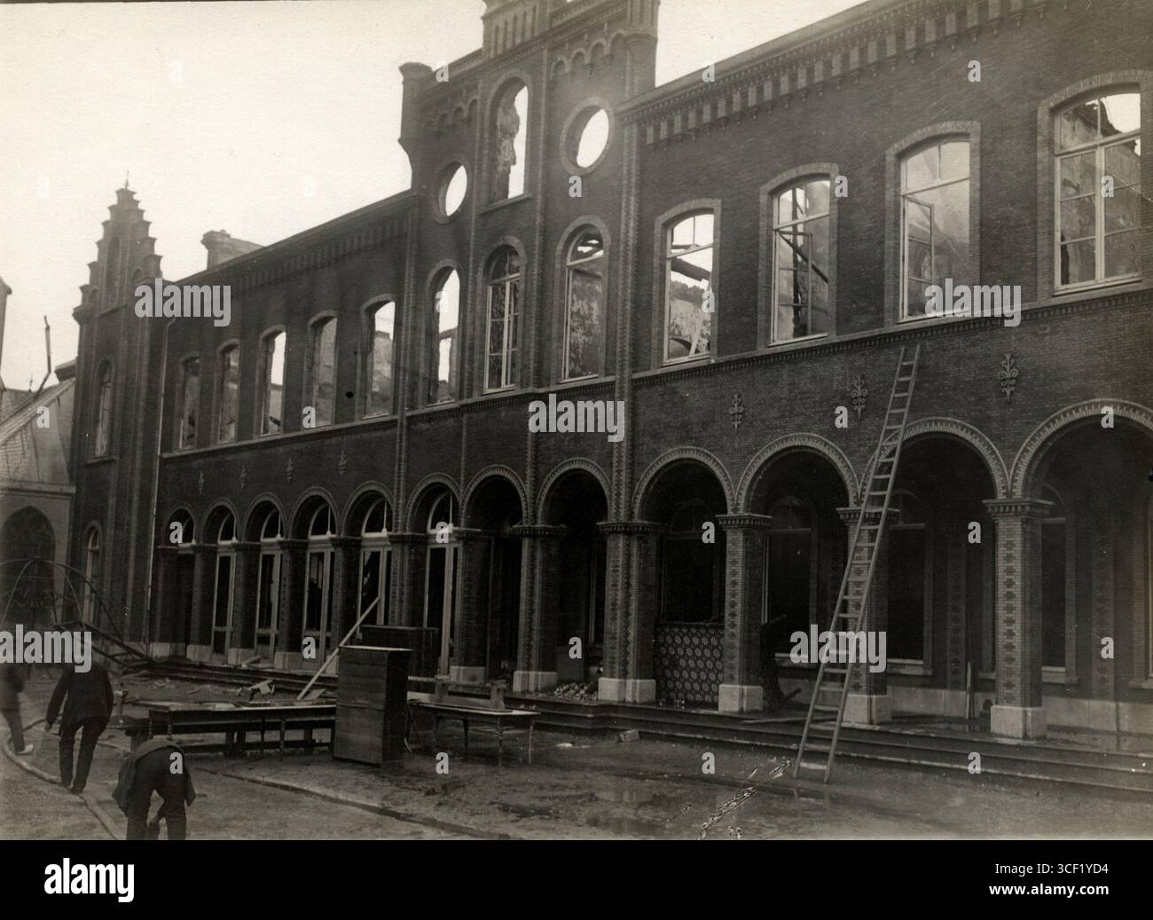 The front facade with arches of the burned-down gymnasium in Katwijk ...