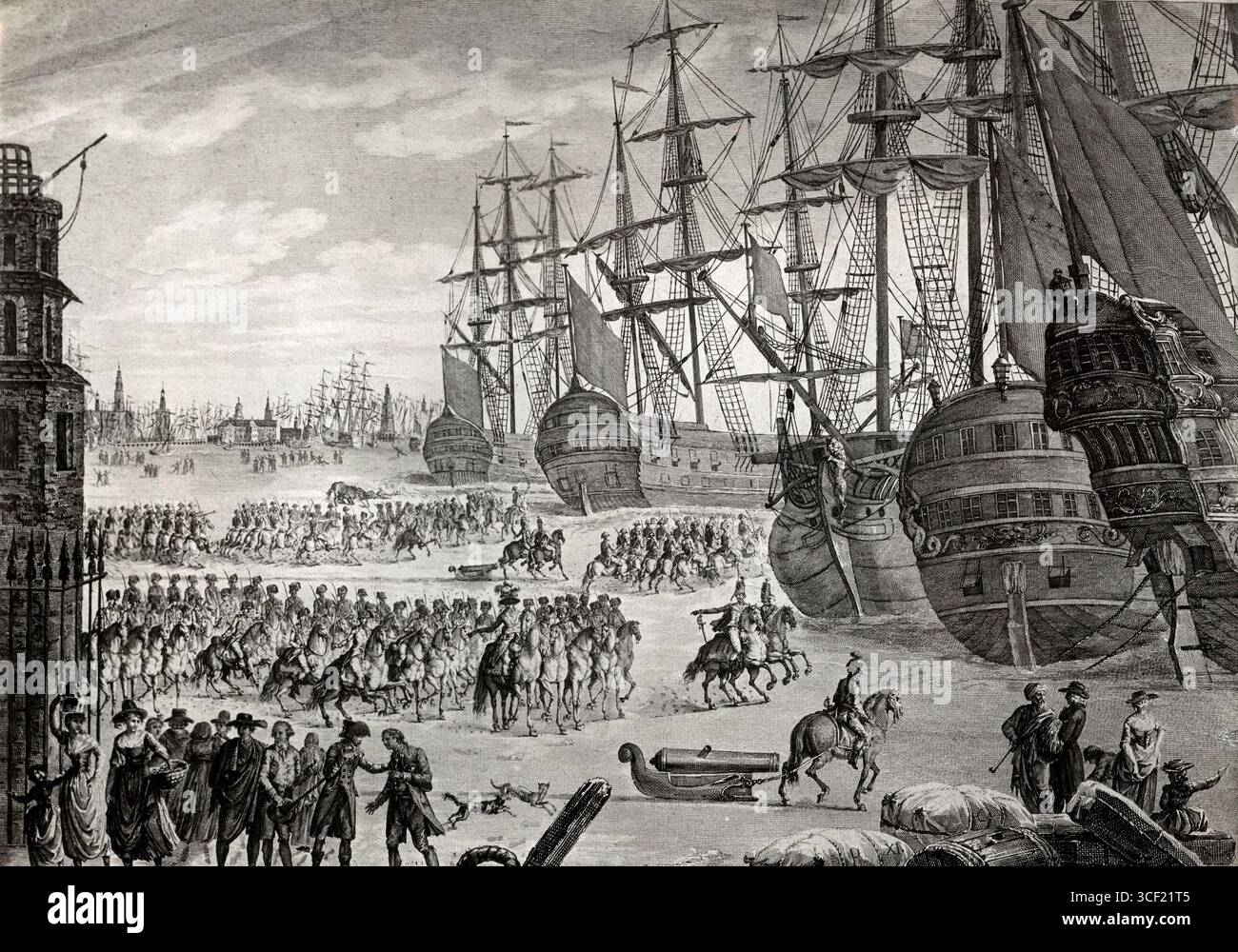 An engraving of the capture of the Dutch fleet by French cavalry during ...