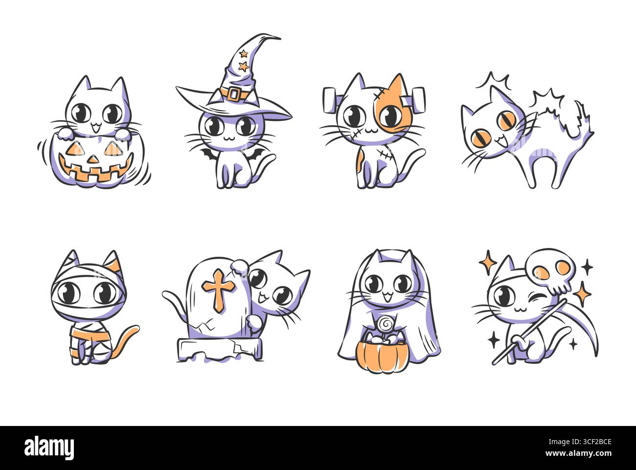Set of cute Halloween cat costume illustration such as witch ...
