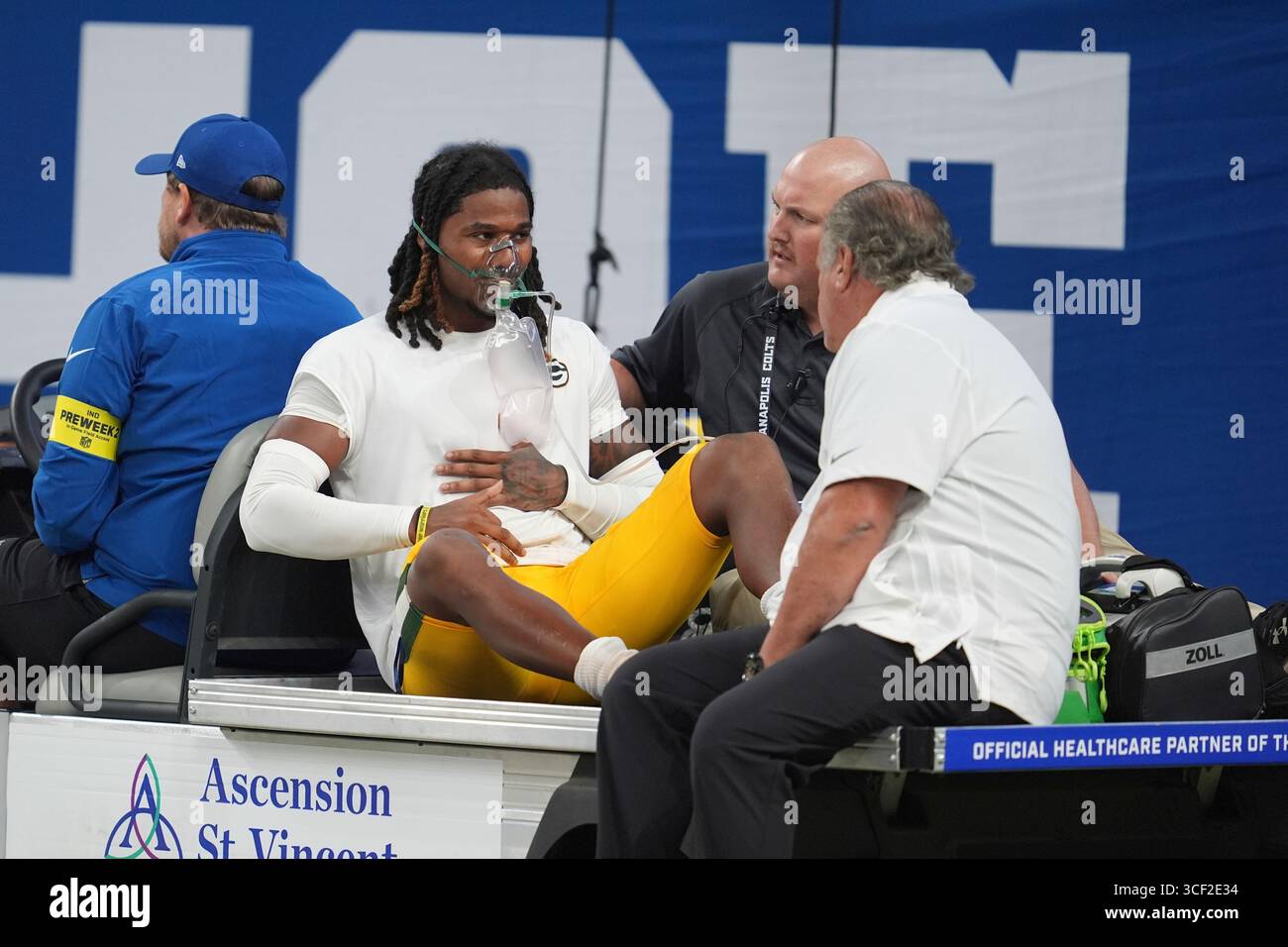 Green Bay Packers safety Omar Brown is carted off the field during the ...
