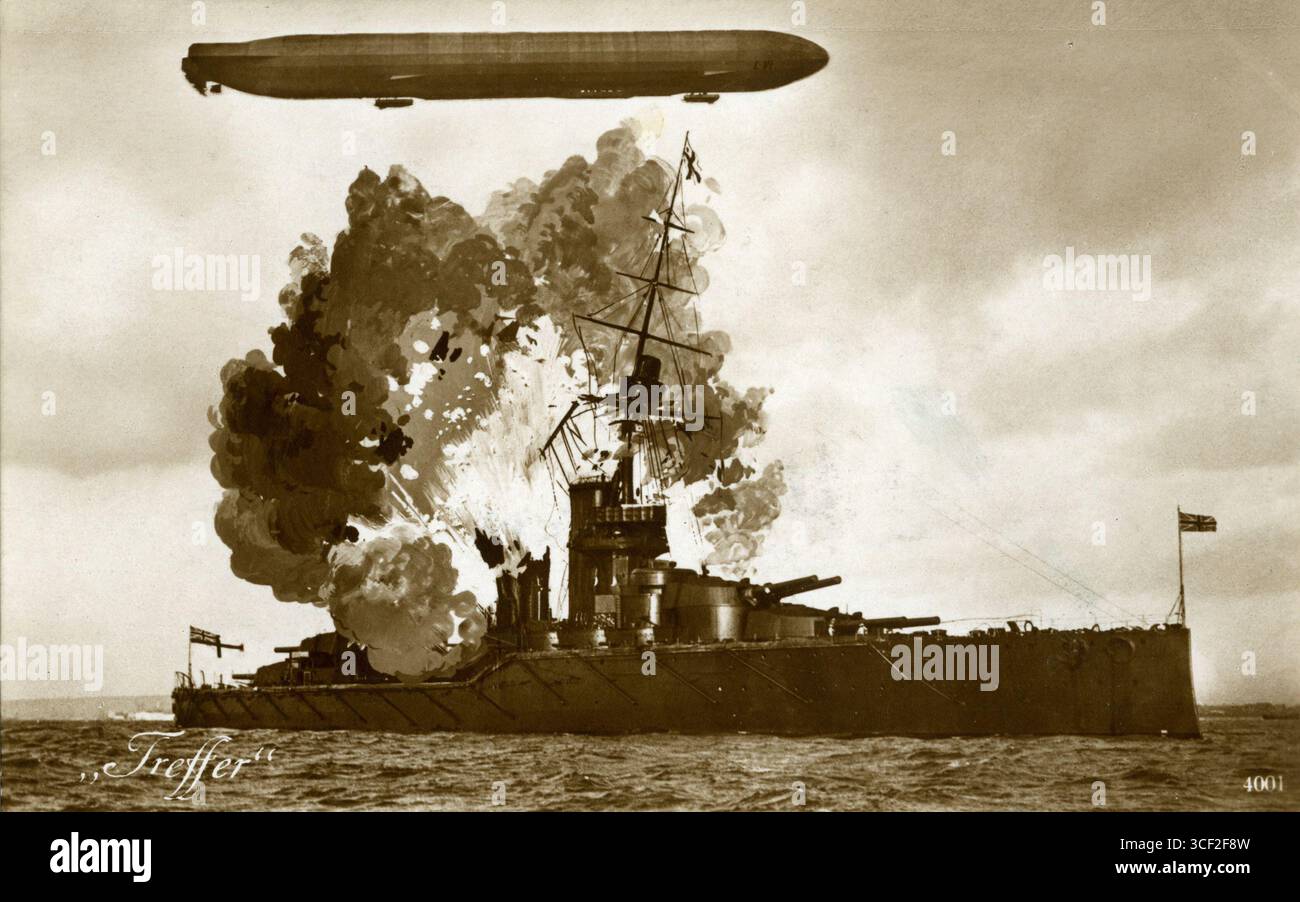 A German propaganda postcard from 1914-1918 depicts a Zeppelin bombing ...