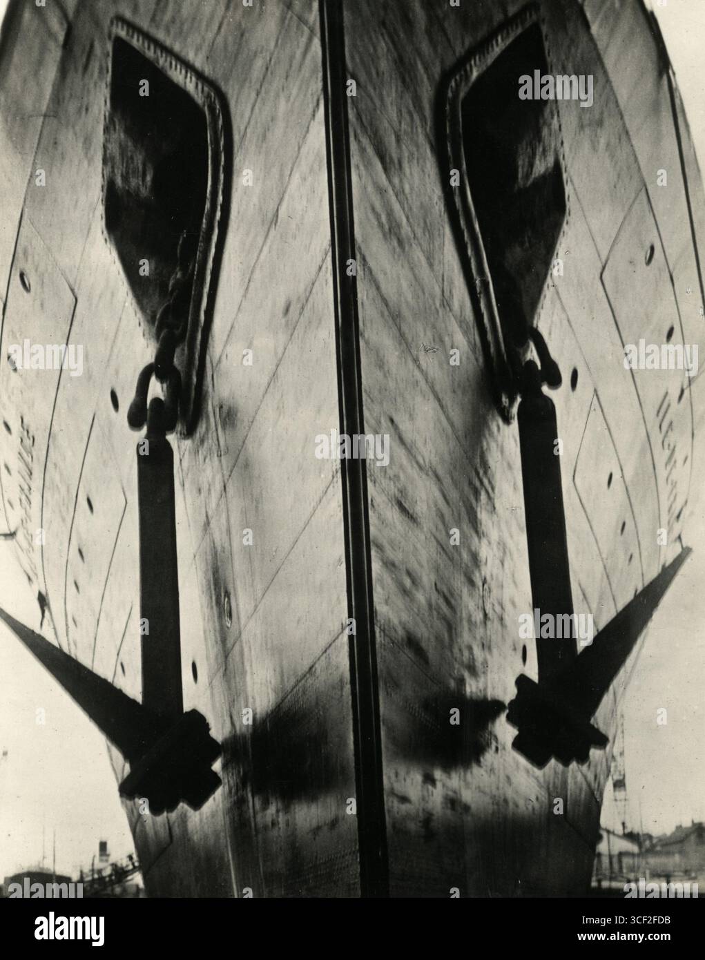 This 1929 photograph shows the bow of the ship 'Ile de France ...