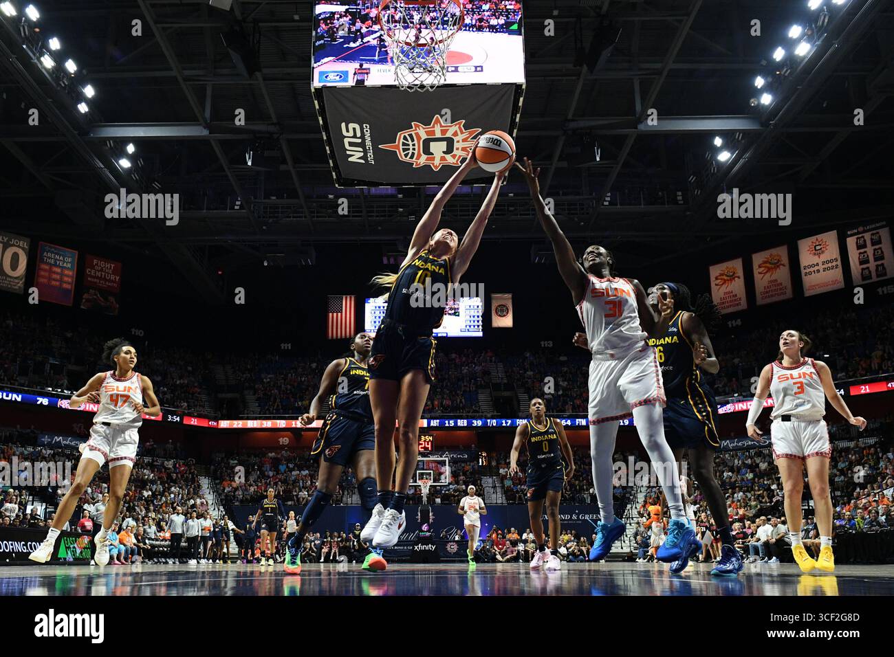 August 17, 2025: Indiana Fever guard Lexie Hull (10) rebounds the ball ...