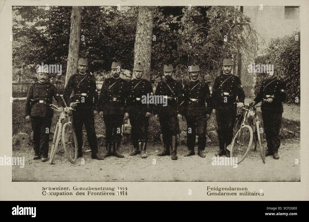 A World War I propaganda postcard from 1914 depicting Swiss border ...