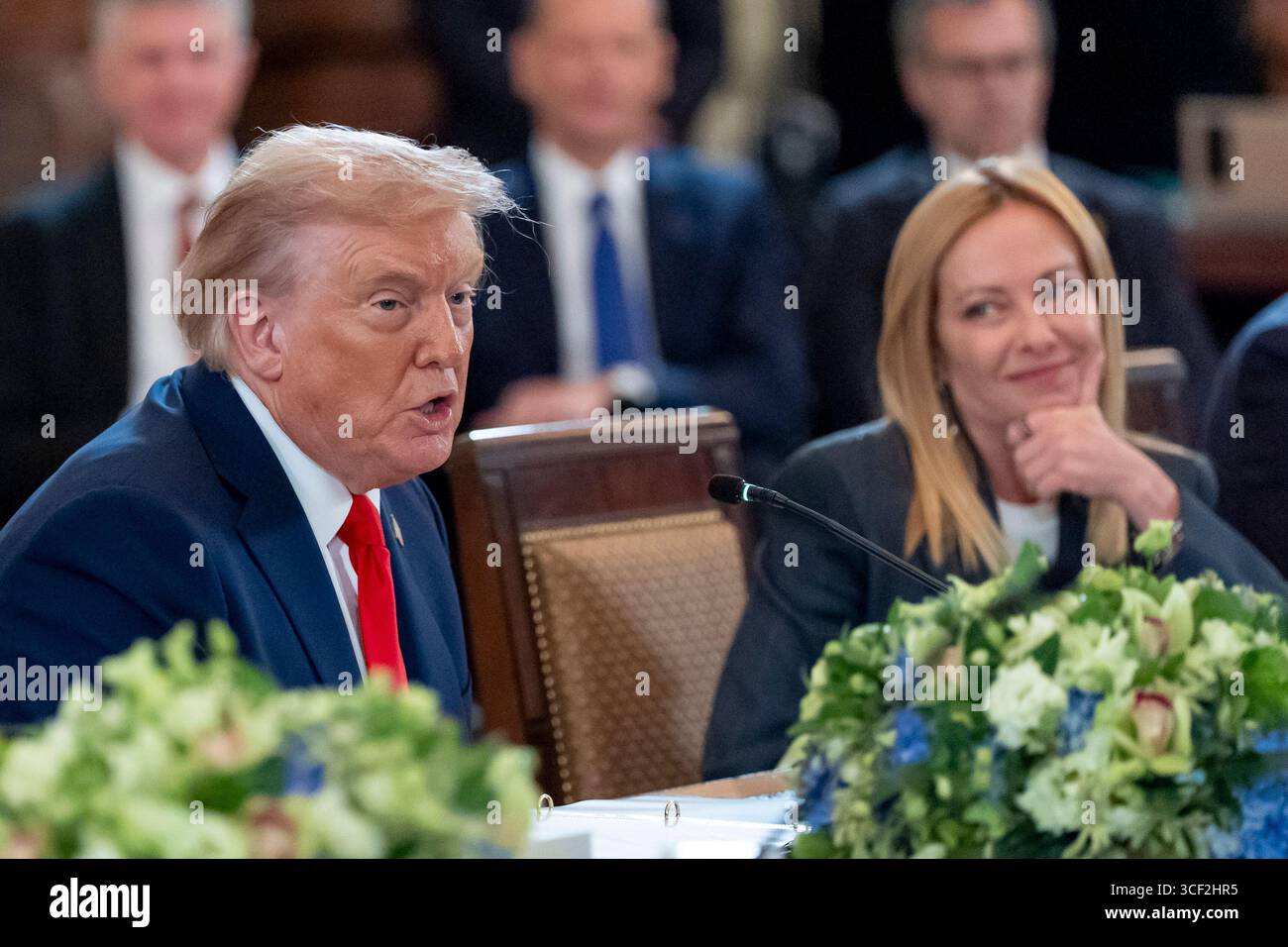 President Donald Trump, left, speaks as Italian Prime Minister Giorgia ...