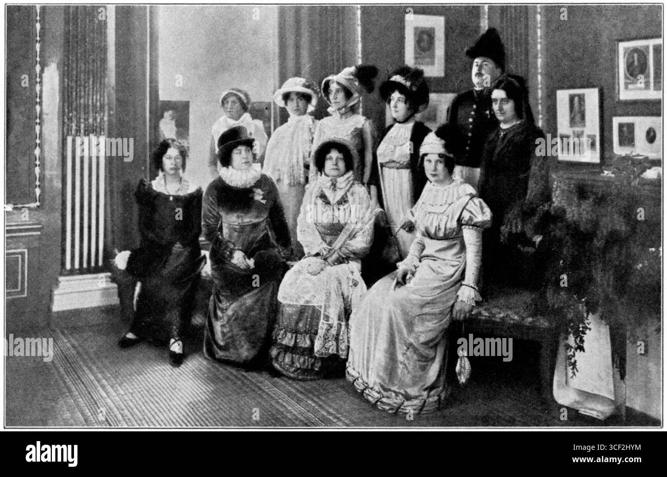 Women dressed in 1813 period costumes, photographed in 1913. The ...