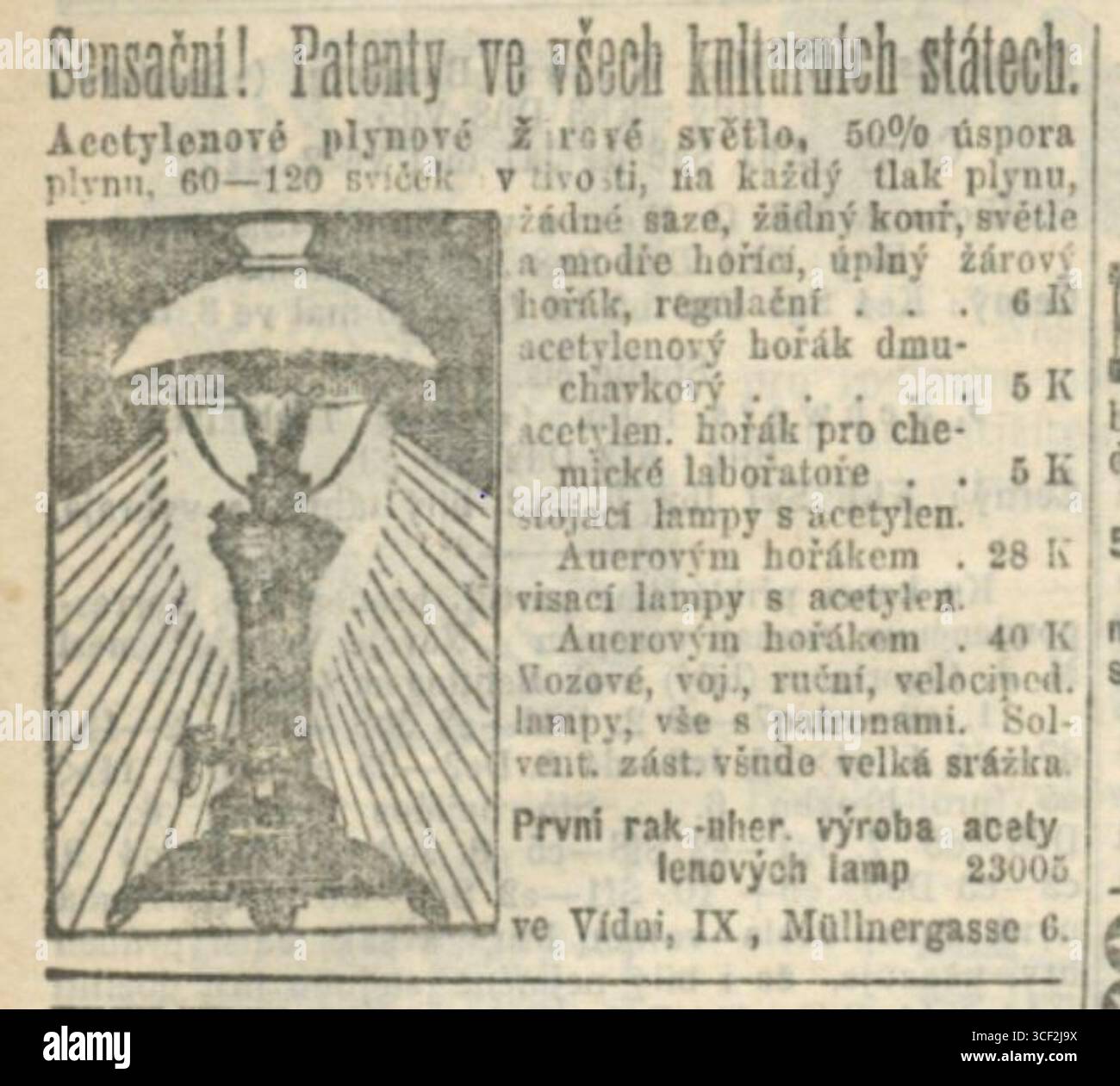 A 1900 advertisement for an acetylene lamp, featured in the Národní ...