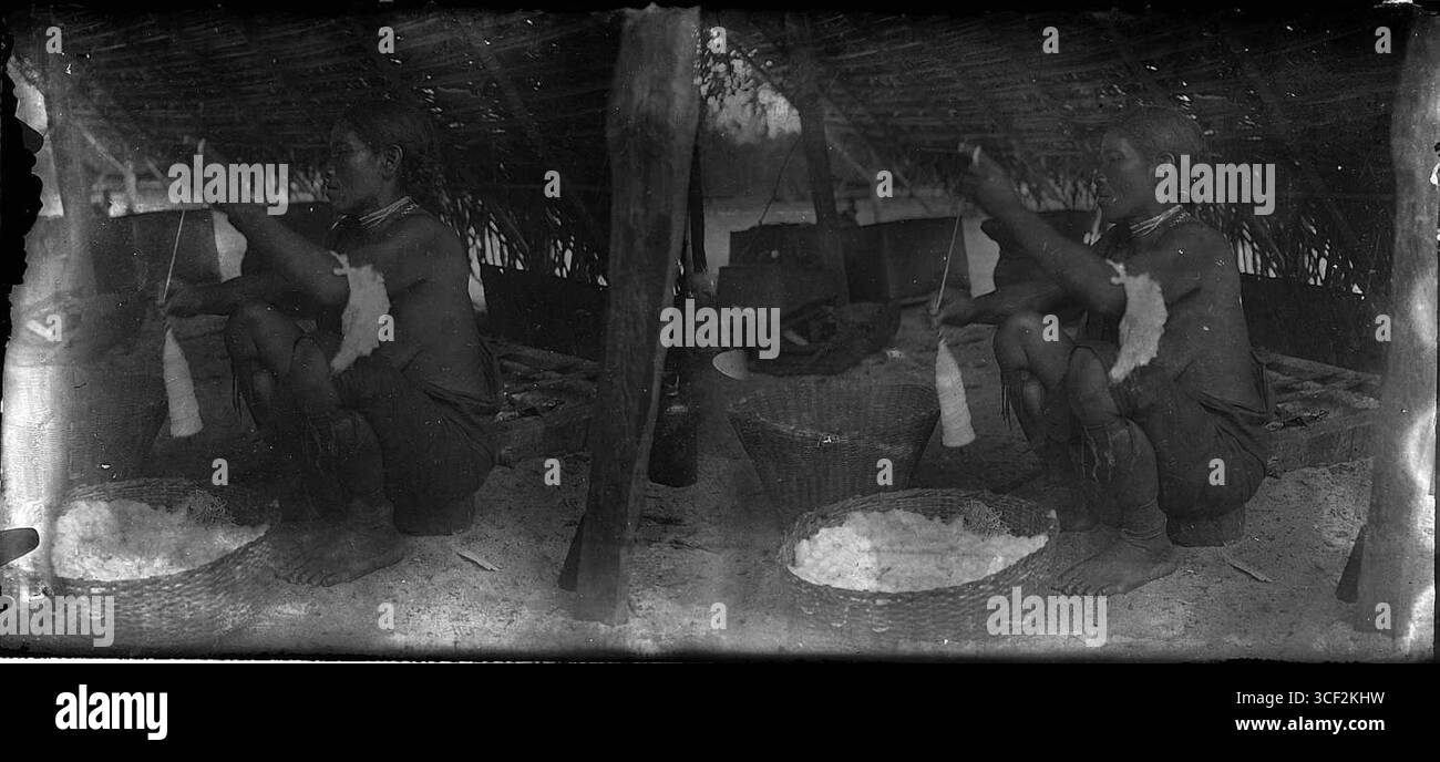 This stereoscopic image from 1910-1940 shows the process of wool ...