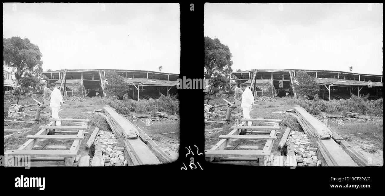 A 1940 stereoscopic photograph showing a wood storage area at the Erven ...
