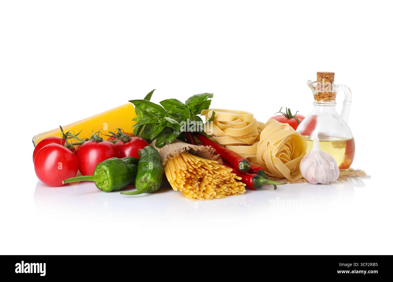 Different types of pasta and ingredients isolated on white Stock Photo ...