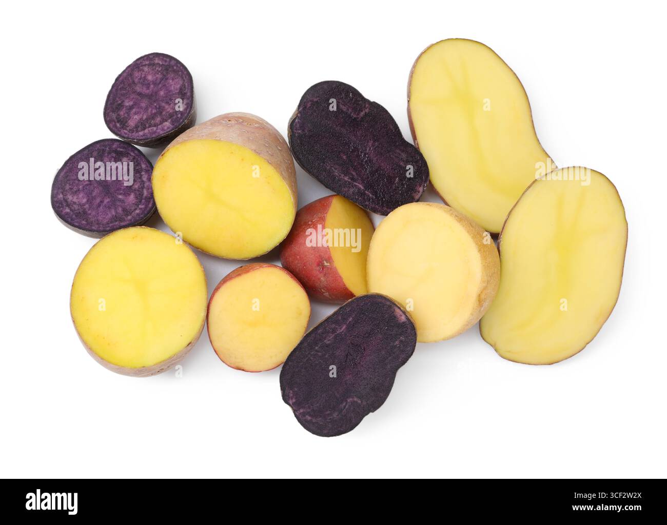 Different types of potatoes isolated on white, top view Stock Photo - Alamy