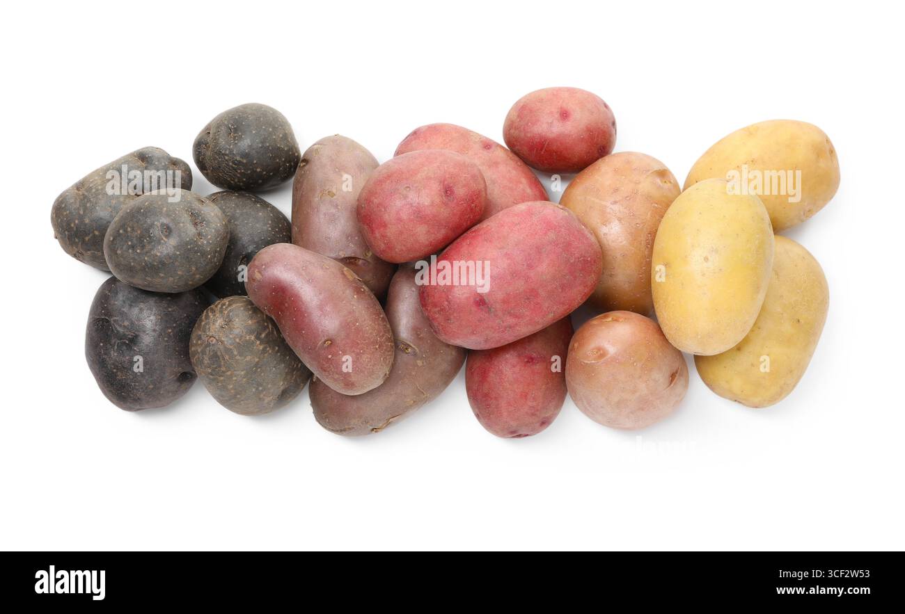 Different types of potatoes isolated on white, top view Stock Photo - Alamy