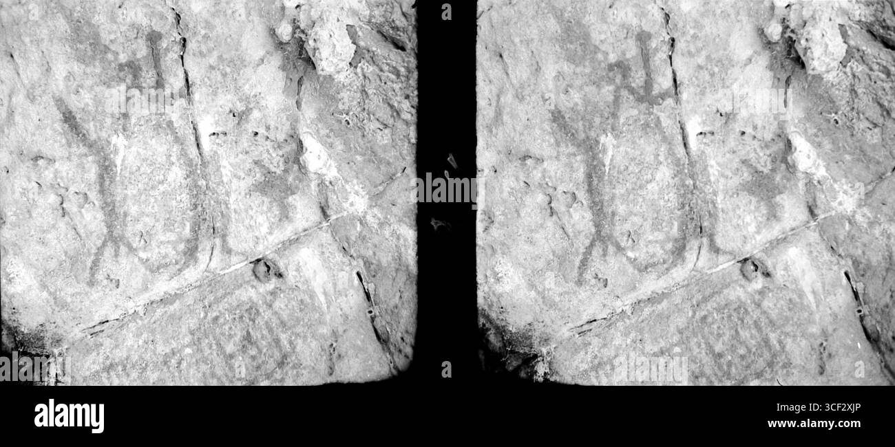 Stereoscopic photograph of ancient rock drawings in the caves of Seroe ...