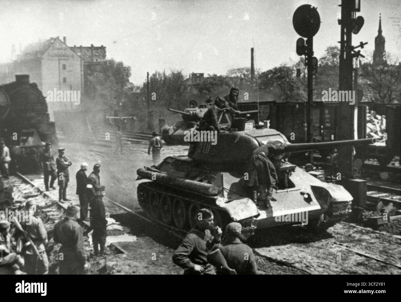 This image shows Soviet tanks advancing towards Dresden during April ...