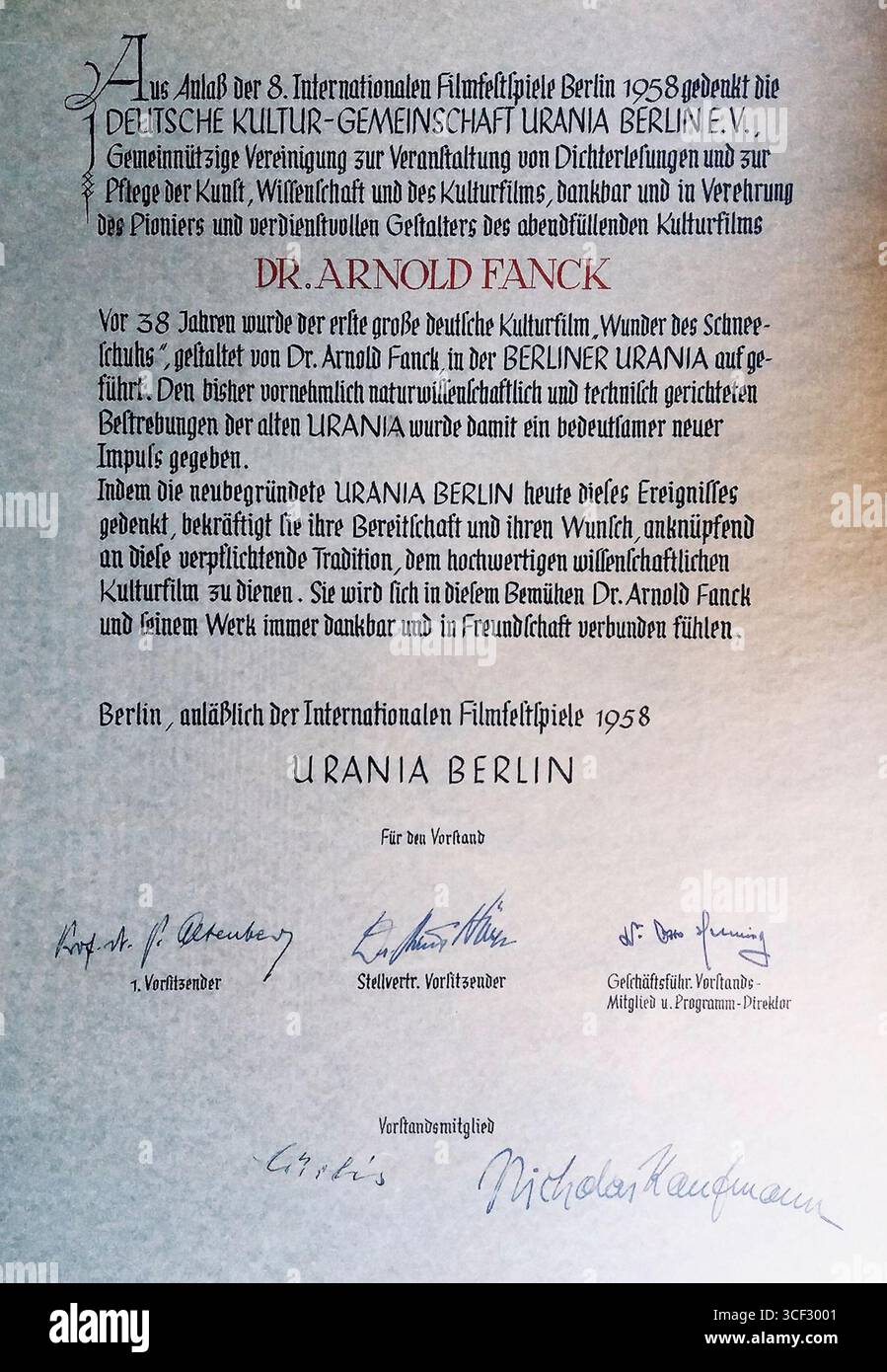 Certificate awarded to Arnold Fanck by the Urania Berlin Cultural ...