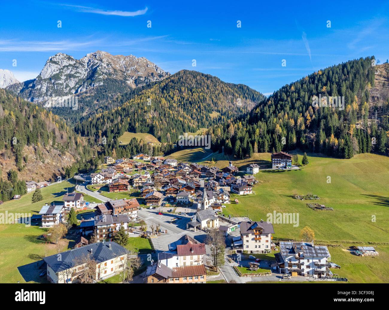 Aerial view of Cima Sappada, a traditional alpine village in the Carnic ...