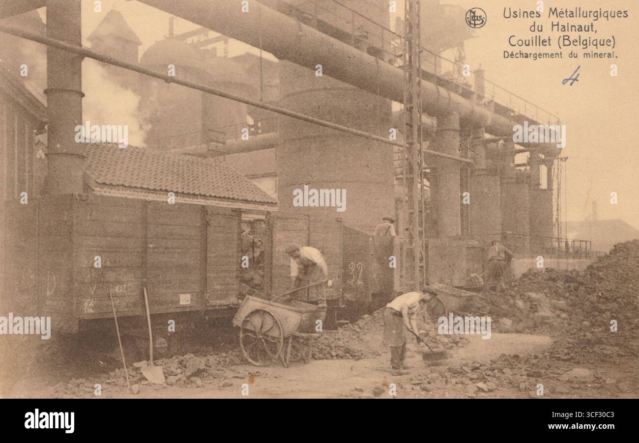 A 1925 photograph of the unloading process of minerals at the Usines ...