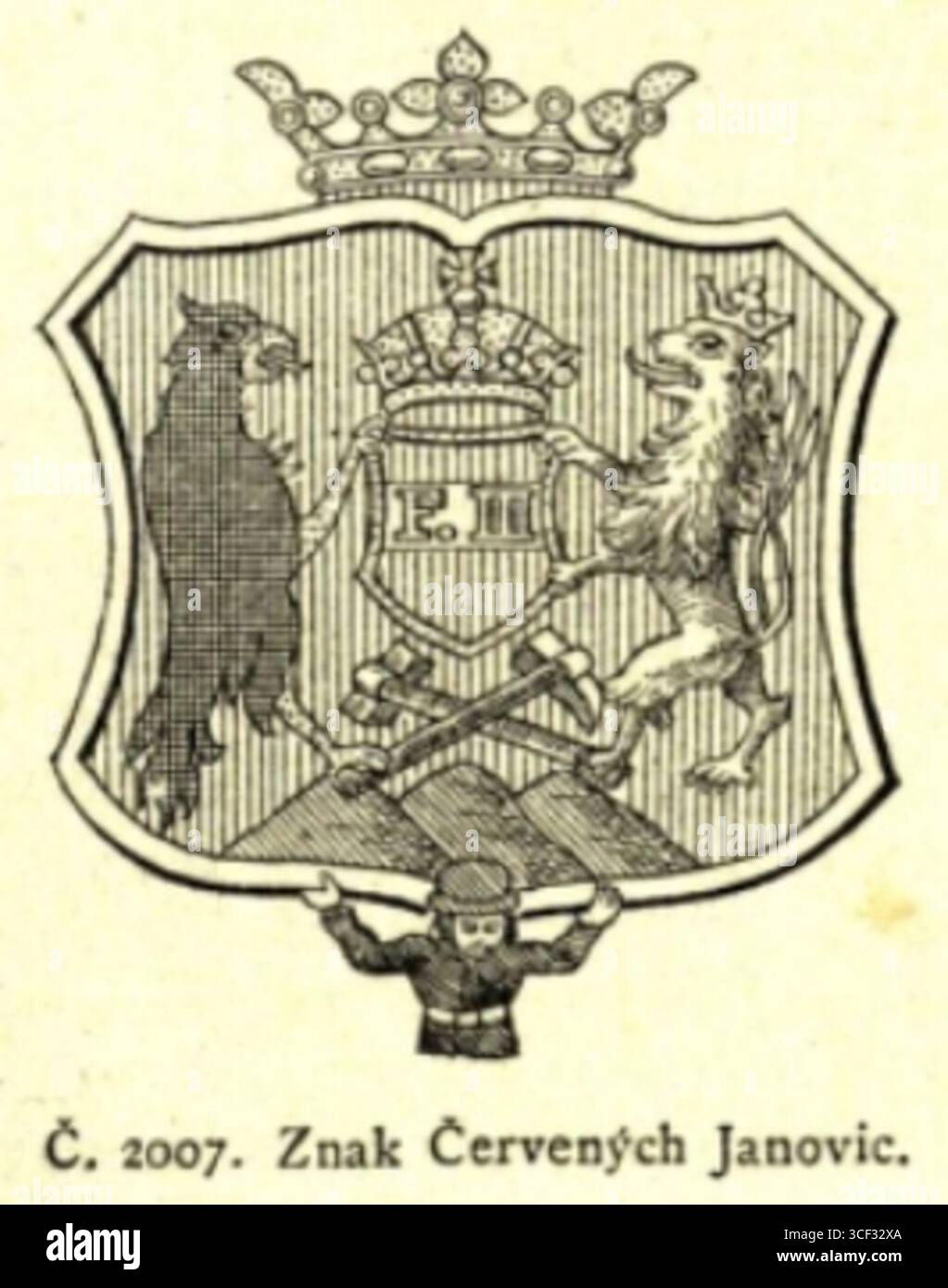The coat of arms of Cervené Janovice, created in 1898, is shown here ...