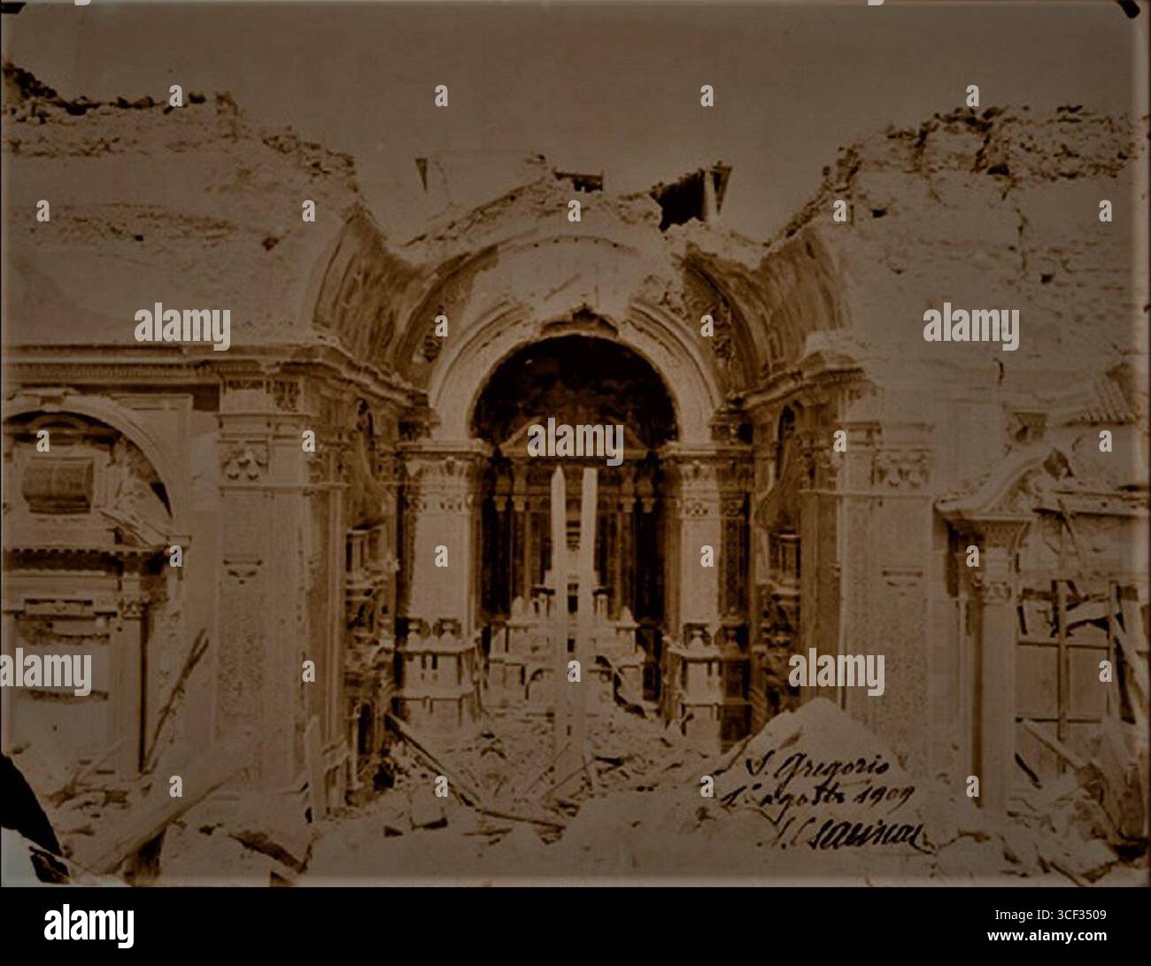 The image portrays the wreckage of Chiesa di San Gregorio, which was ...