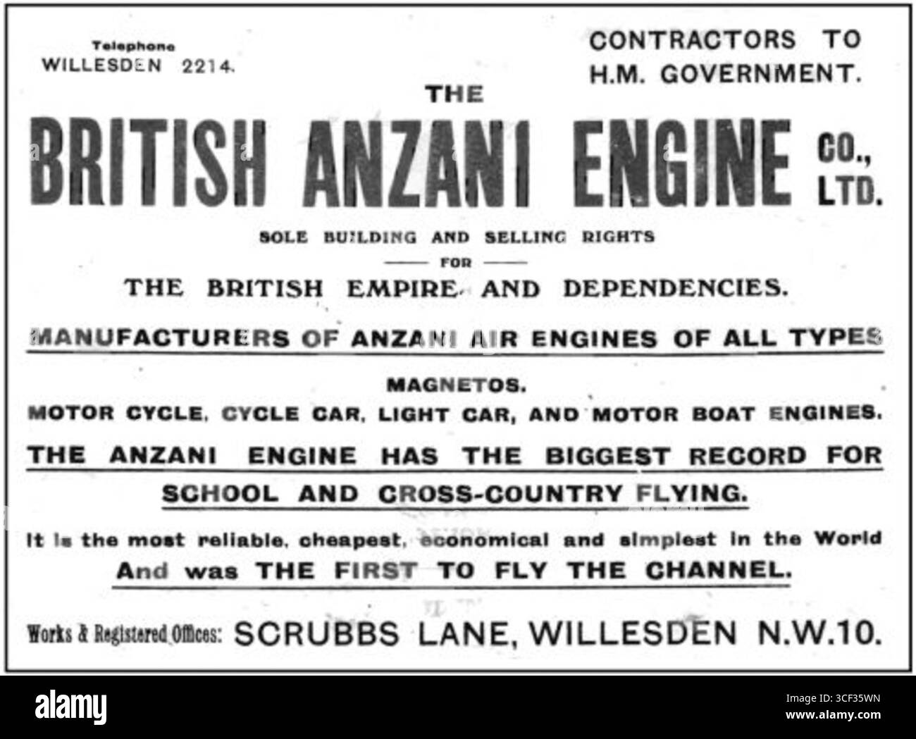 An advertisement from 1919 promoting the Anzani Company and its ...
