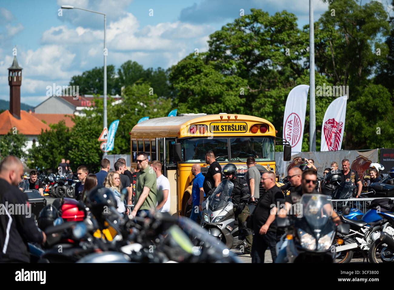 Yellow bus of moto club "Strsljen" at moto meeting in Banja Luka, moto ...