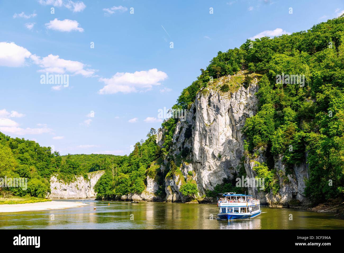 Danube gorge at Weltenburg Abbey and excursion boat on the Danube ...