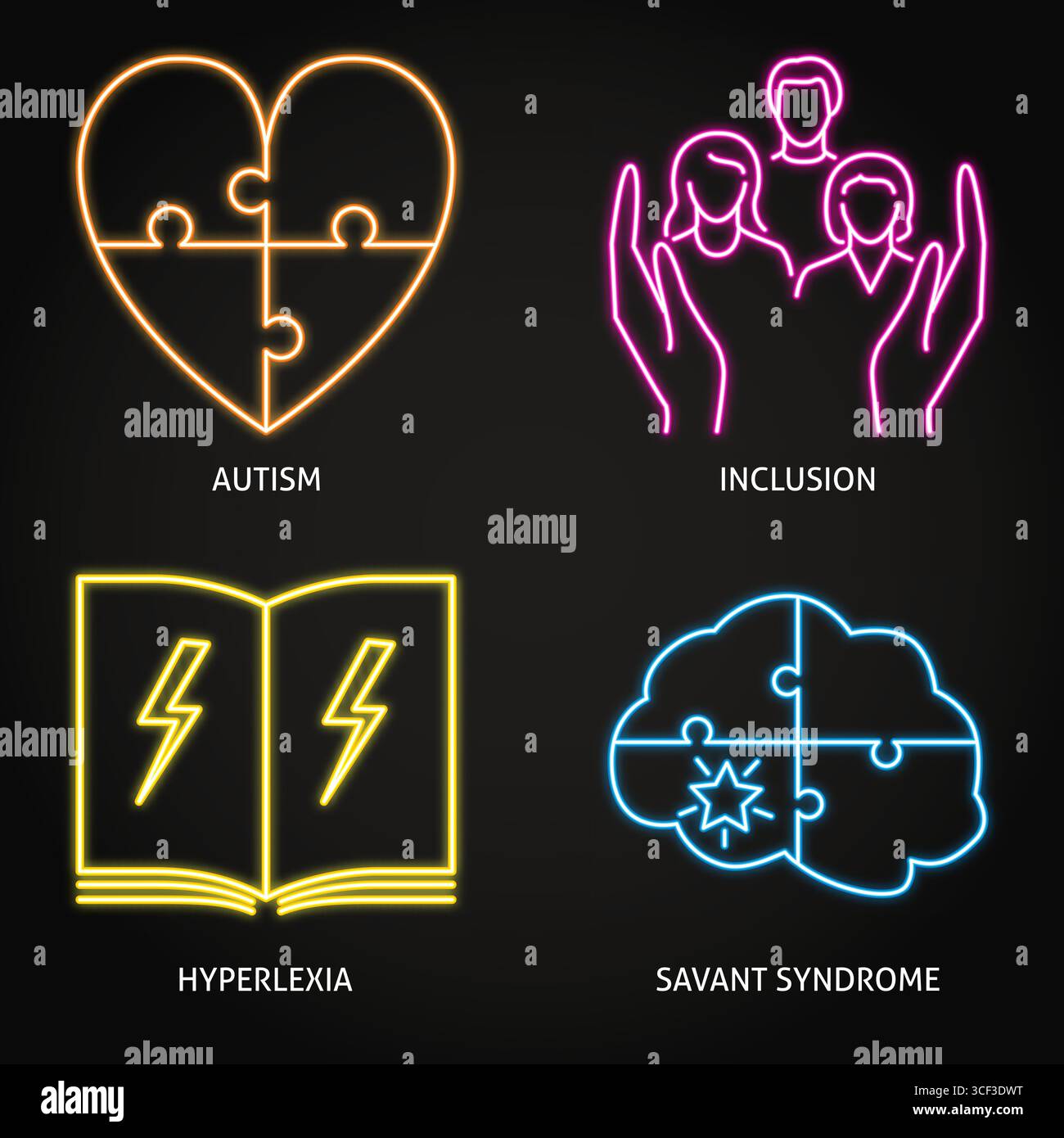 Neurodiversity symbols neon icon set. Autism, hyperlexia, Savant ...