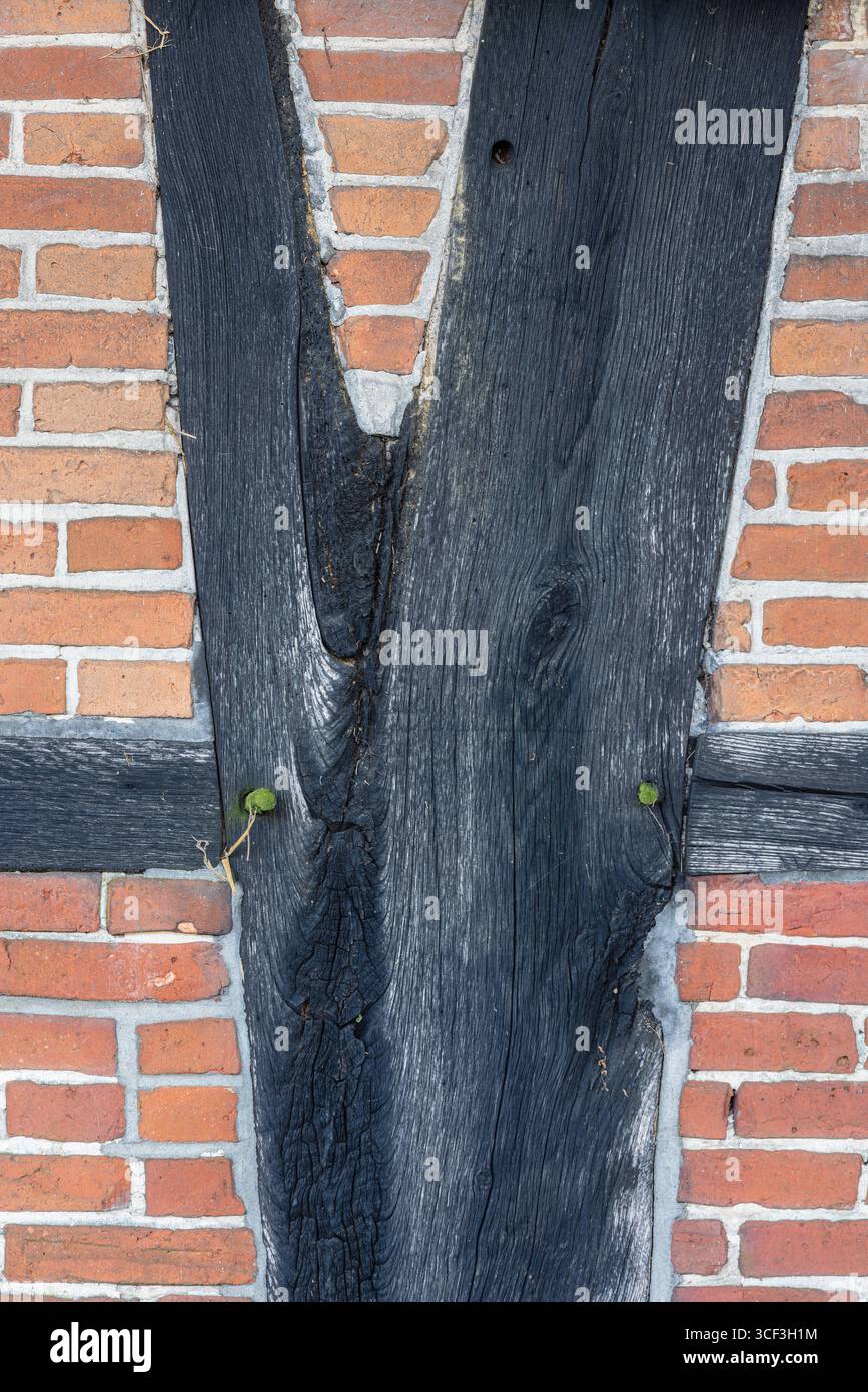 Half-timbered beams and brick wall of an old agricultural building ...