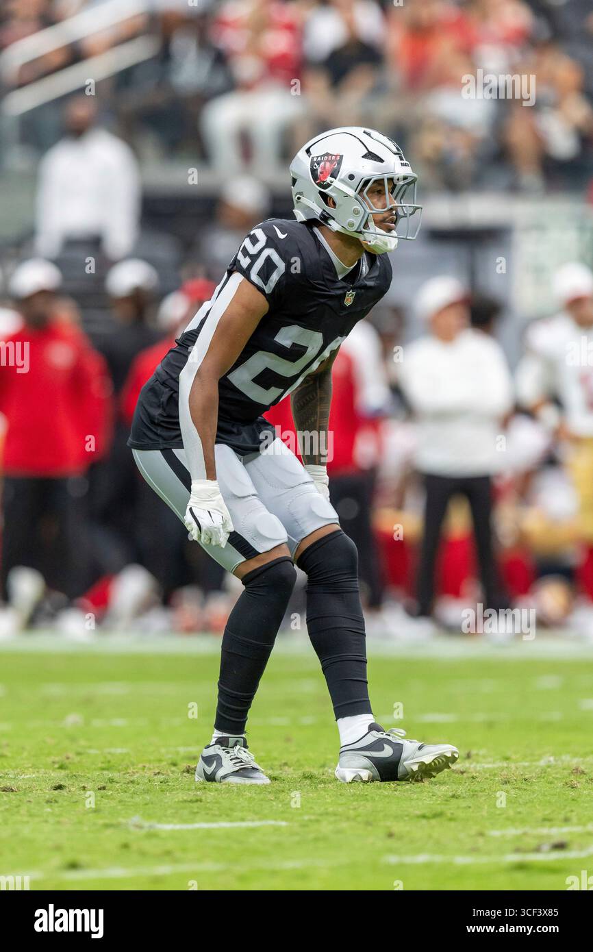 Las Vegas Raiders safety Isaiah Pola-Mao (20) against the San Francisco 49ers in an NFL ...