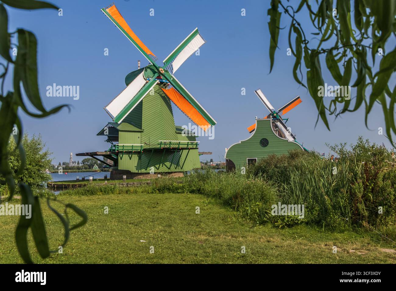 Colorful traditional Dutch windmills at Zaanse Schans, a famous ...