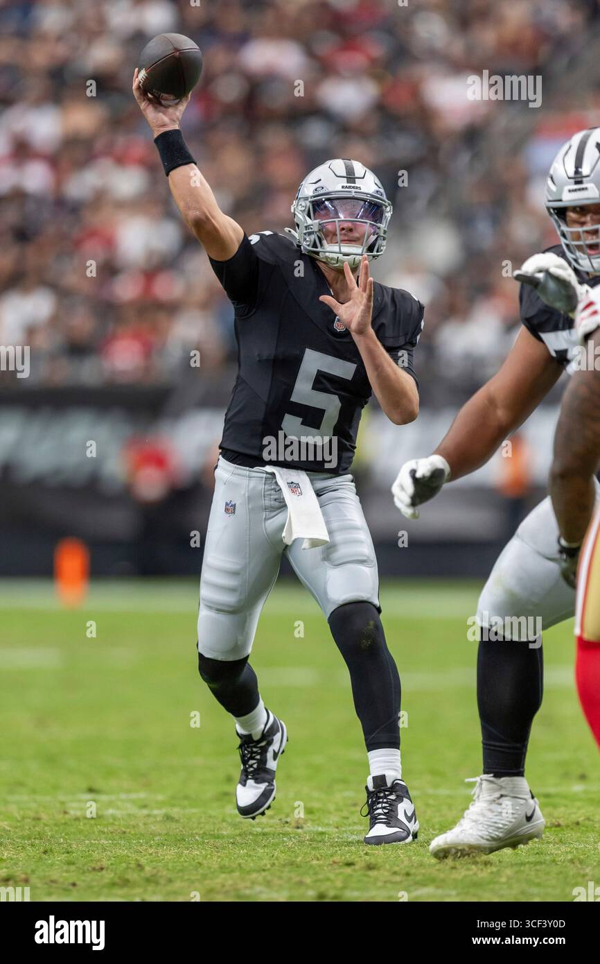 Las Vegas Raiders quarterback Cam Miller (5) passes the ball against ...