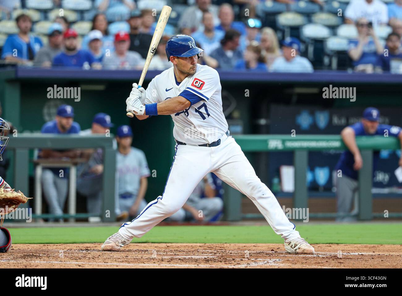 August 19, 2025: Kansas City Royals catcher Luke Maile (17) bats during ...